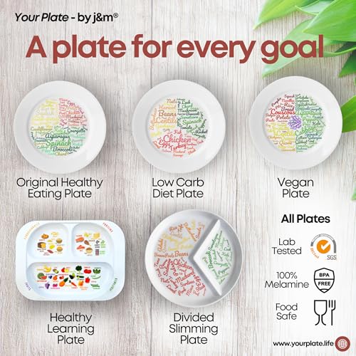 j&m Divided Portion Plate (4 Pack), Sections for Kids & Fussy Eaters, Learn Nutrition, Healthy Eating, Food Groups & Portion Sizes, Child-Friendly Melamine, Dishwasher-Safe