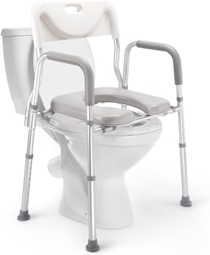 4-in-1 Raised Toilet Seat with Handles and Back, Medical Bedside Commode Chair, Adjustable Toilet Safety Frame, Shower Chair for Seniors, Elderly, Handicap, Pregnant,Collapsible Basin Included