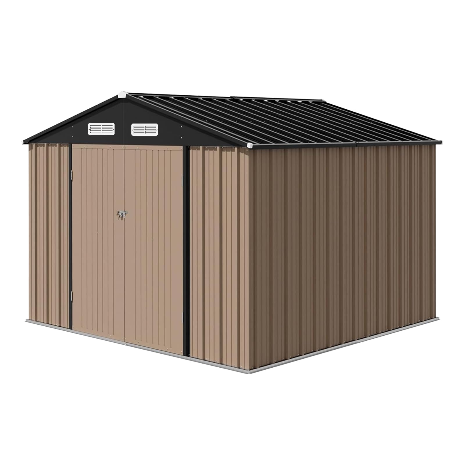8.6'x10.4' Outdoor Storage Shed, Large Garden Shed, with Slooping Roof and 4 Vents. Updated Reinforced and Lockable Doors Frame Metal Storage Shed for Patiofor Backyard, Patio, Garage, Lawn,Brown