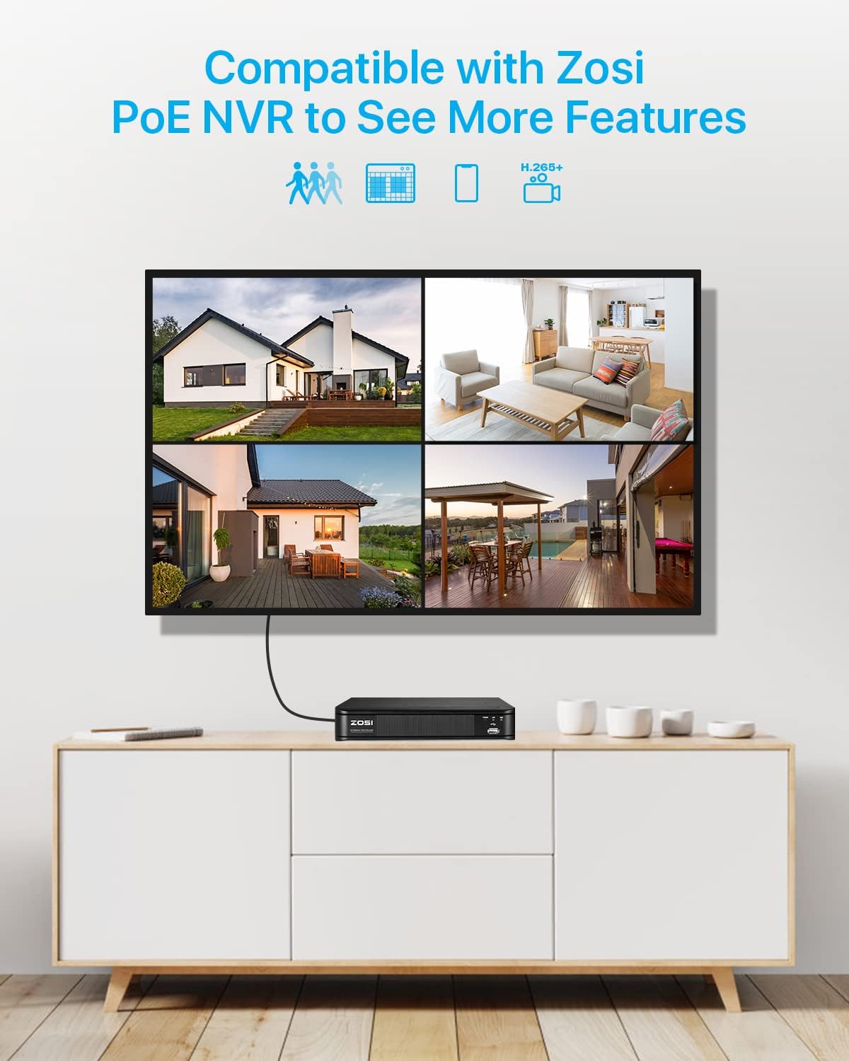 ZOSI H.265+2MP Security POE Camera, 1920x1080, 120ft Night Vision, 3.6mm Lens, IP67 Weatherproof Indoor Outdoor IP Camera 1080p (Only work with ZOSI PoE NVR,Model: 1AR-08EM-00/10/20-US)