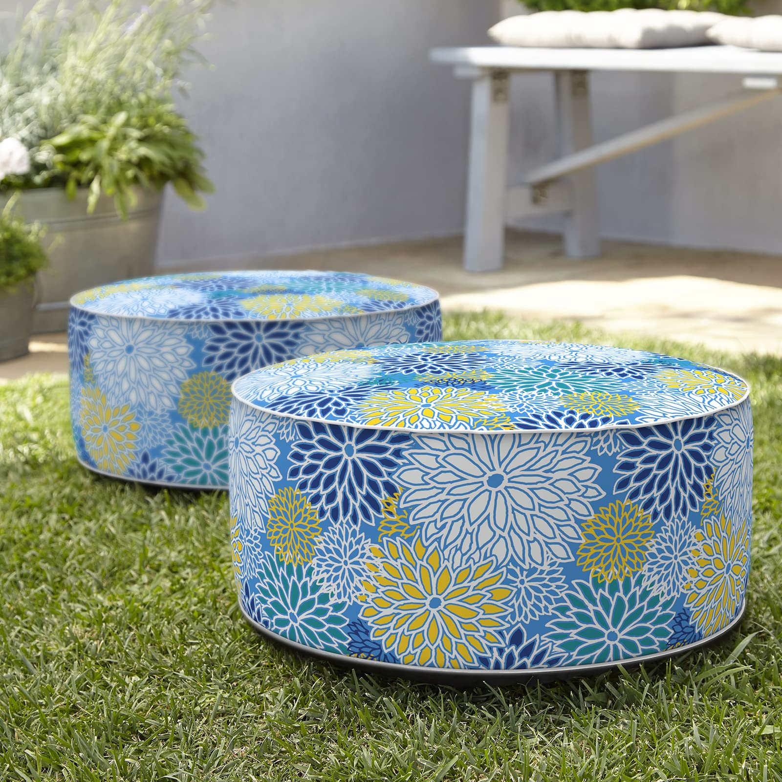 TWLEAR Indoor/Outdoor Inflatable Ottoman D21 x H9 inch, Round Footstool Inflatable Foot Rest Ottoman with Handle, Portable Ottoman Pouf for Patio, Garden, Camping, Home, Dahlia Blue