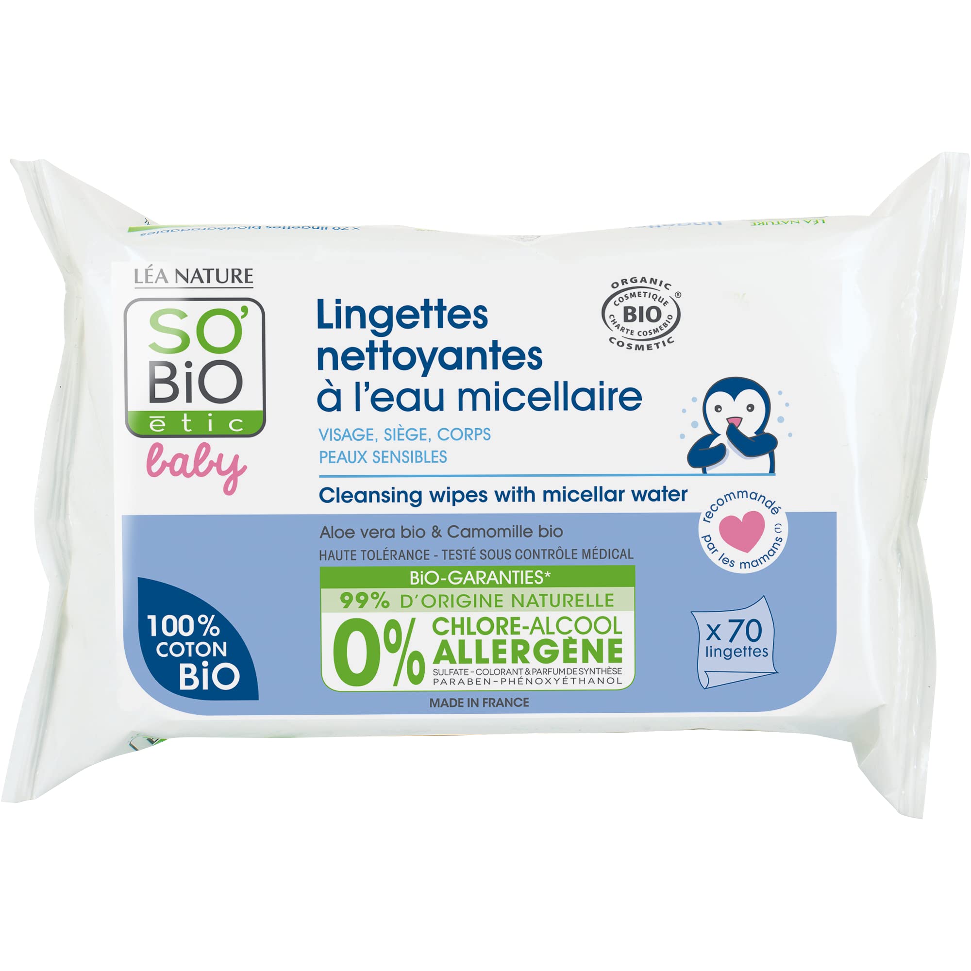 SO'BiO étic | Baby Cleansing Wipes | Organic & Biodegradable Micellar Water Wet Wipe Skin Cleanser for Newborn, Infant, Toddler | 70 Wipes