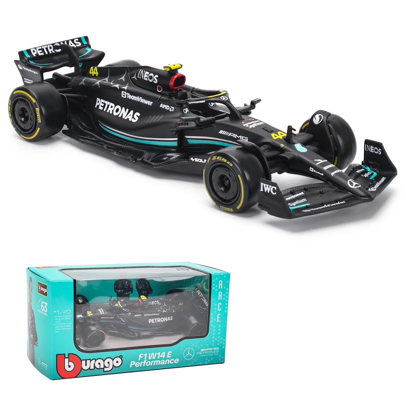 JODIYAAH 1/43 Bburago 1:43 Mercedes-AMG Petronas F1 Team W14 2023 44# Lewis Hamilton F1 63# George Russell Alloy Car Die Cast Model Collection Gift (W14 44#)