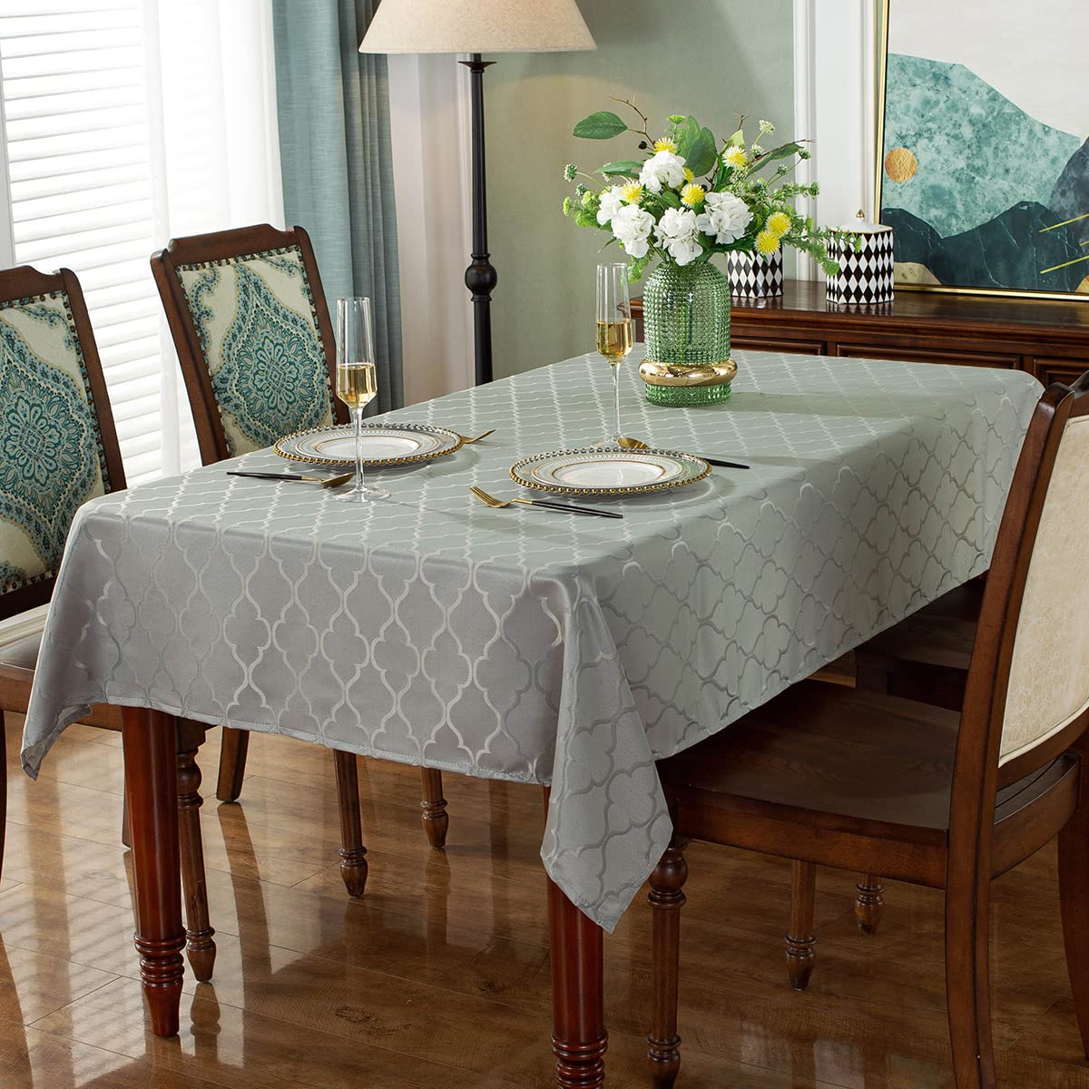 Jacquard Tablecloth Flower Pattern Polyester Table Cloth Spill Proof Dust-Proof Wrinkle Resistant Table Cover for Kitchen Dining Tabletop Decoration (Rectangle/Oblong, 52" x 70" (4-6 Seats),Gray)