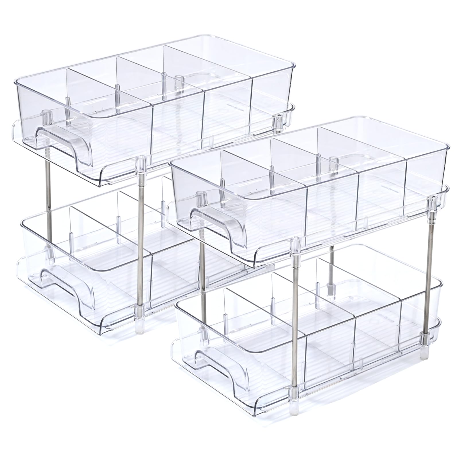 3 Tier Bathroom Organizer with Dividers, Multi-Purpose Clear Under Sink Organizers Storage Slide-Out Container, Bathroom Vanity Counter Organizing Tray, Kitchen Pantry Cabinet Closet (3 Tier)