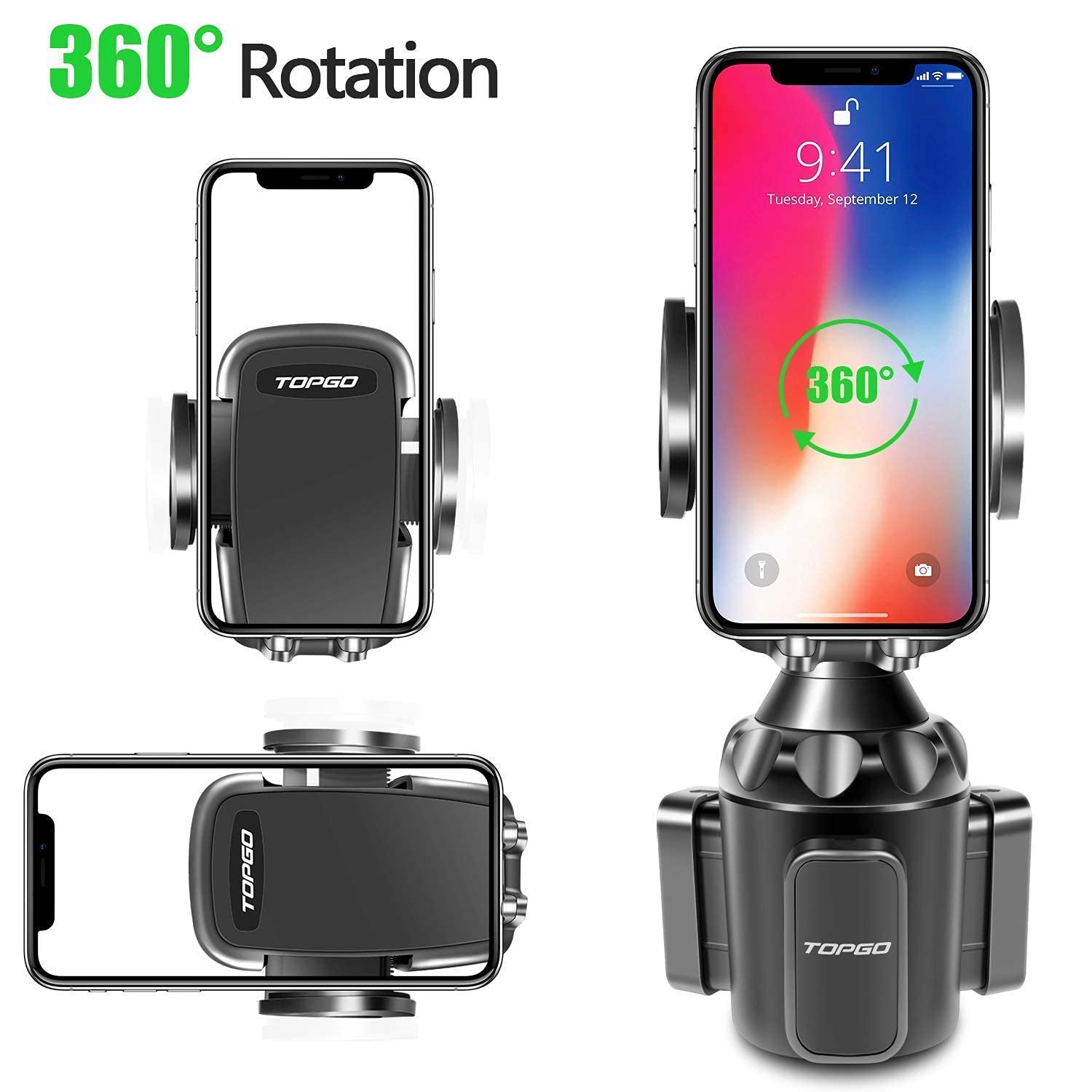TOPGO Car Cup Holder Phone Mount, Adjustable, Fits iPhone 14 Pro Max/13/xs/11/8plus/6s/samsung Galaxy S10/S9+/S8 Plus/S7 Edge/Note9, Black