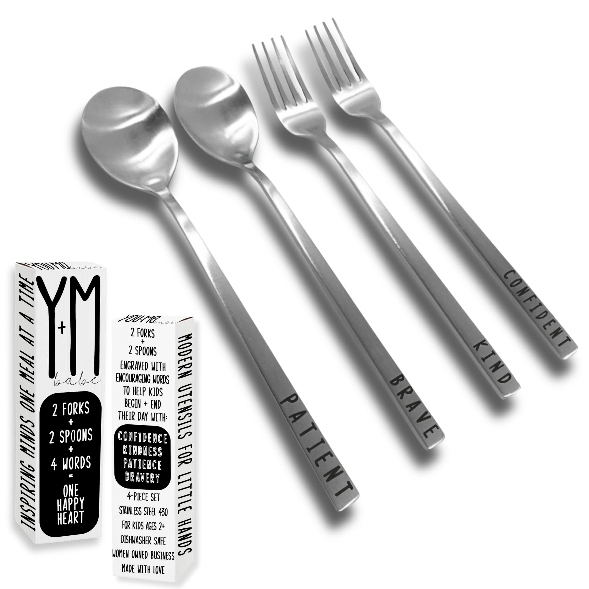 Toddler Spoons and Forks for Self Feeding | 4pc Stainless Steel Utensils Engraved with Positive Words to Encourage Eating | Ages 2-6 Kids Utensils