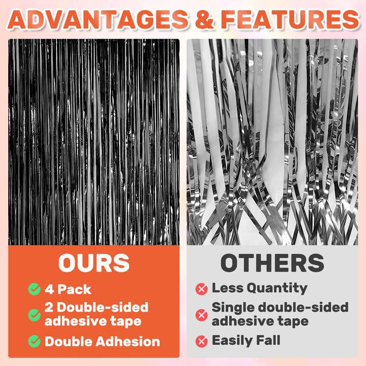 4-Pack Backdrop for Party Decorations, Foil Fringe Backdrop Curtains, Tinsel Streamers for Birthday Party Decorations, Black Tinsel Curtains for Halloween Bachelorette Prom Disco Hollywood Theme Party