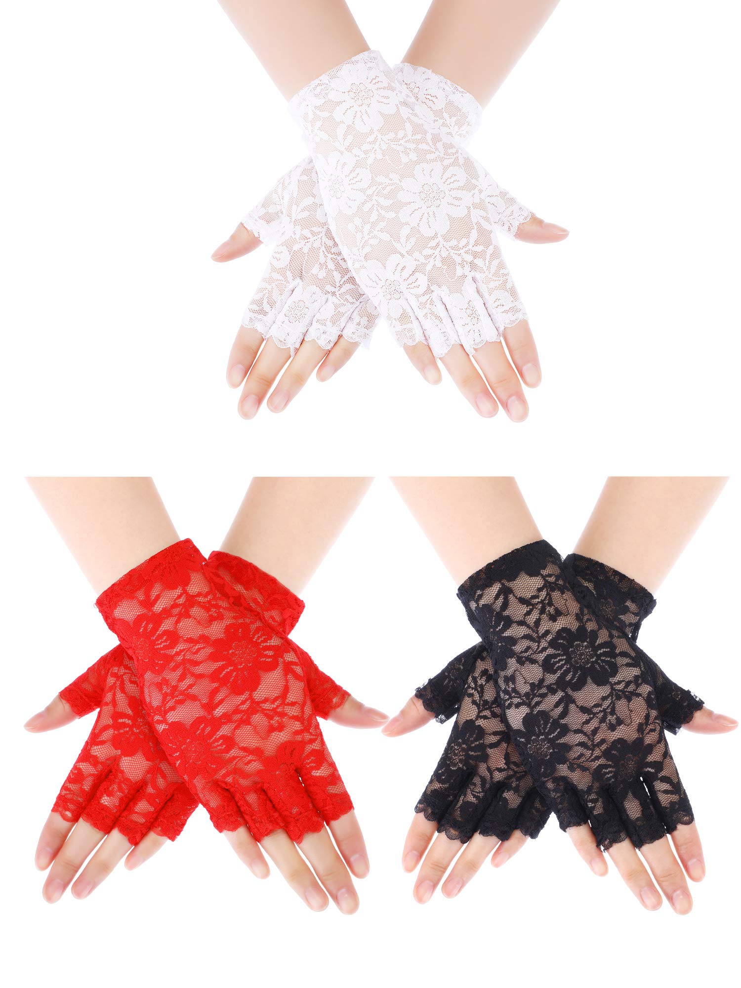 3 Pairs Women Lace Gloves Floral Lace Gloves Sun Protection Lace Gloves Dressy Gloves for Wedding Dinner Parties (Classic Style)