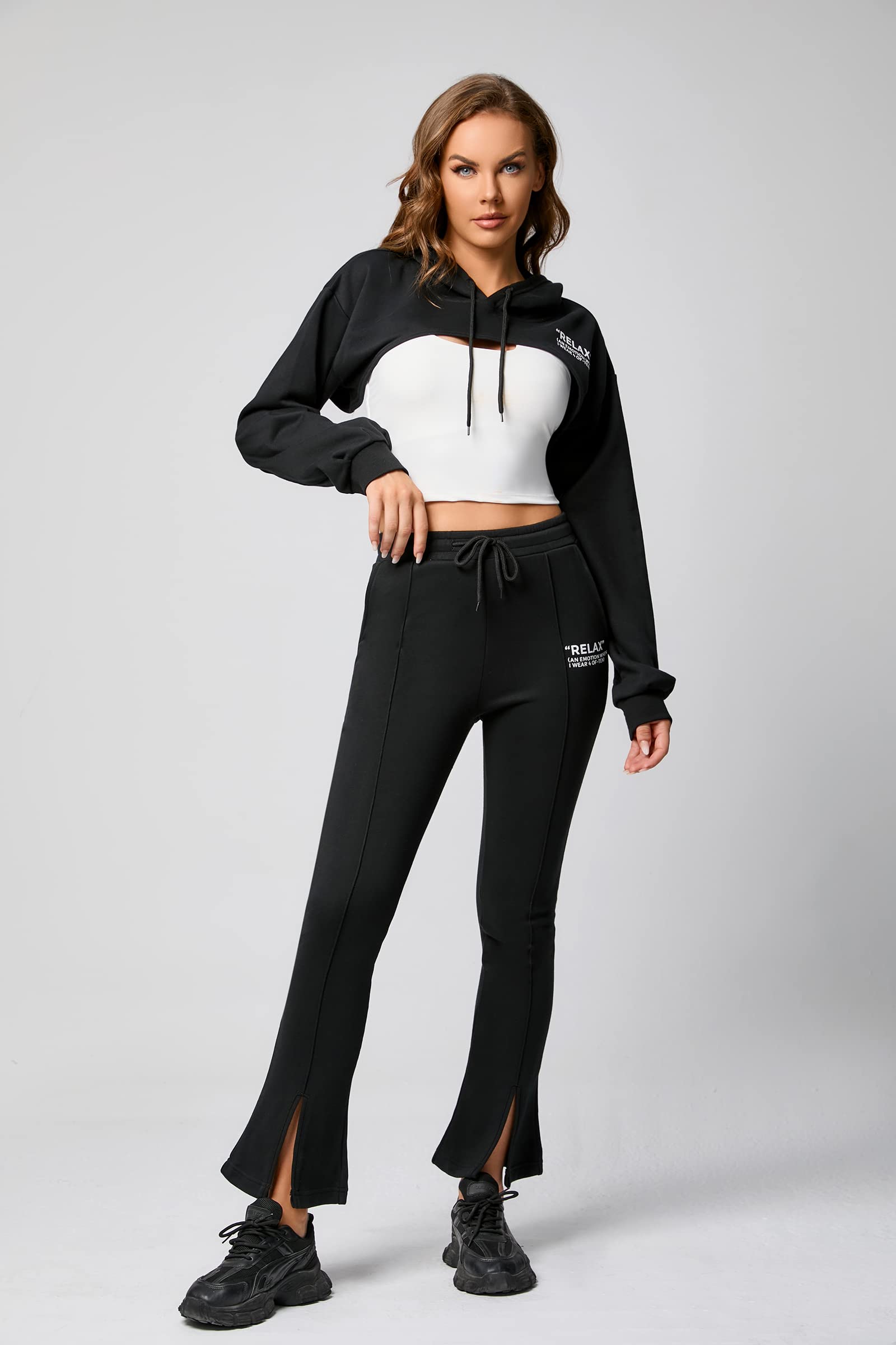 4 of-ten Split Hem Flare Sweatpants for Women Joggers with Pockets High Waisted Bootcut Lounge Pants Yoga Workout(Black, L)