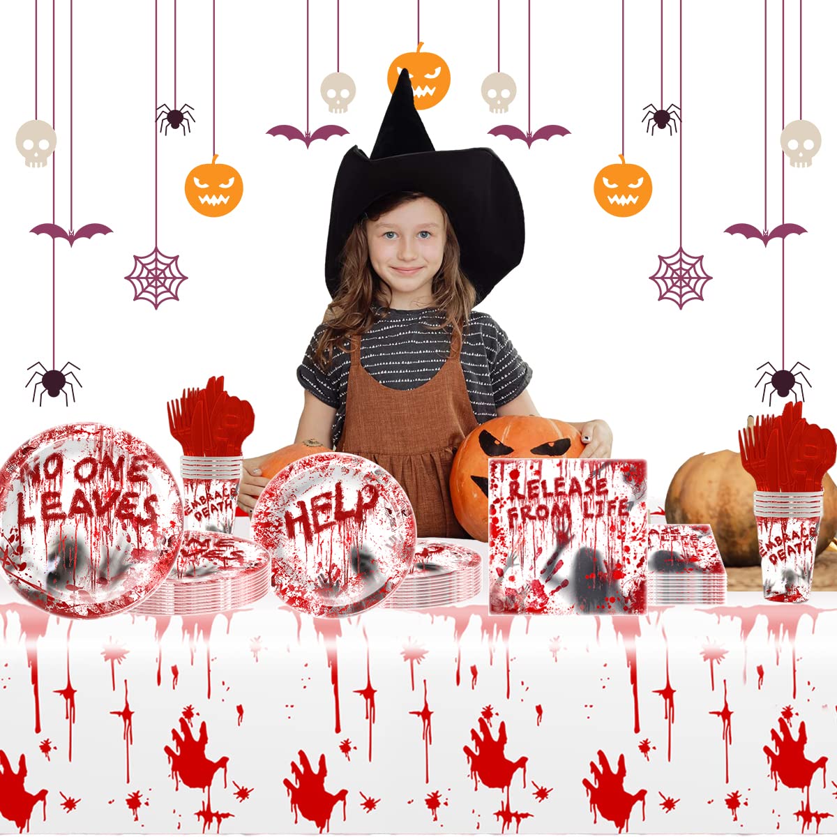 81Pcs Halloween Tableware and Decorations, 20 Guest - Halloween Plates, Party Cups, Napkins, Tablecloths, Plate, Knives, Forks, Halloween Party Supplies(Red)