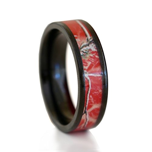 3 pc His & Hers Heart Red Camo Black Stainless Steel and Titanium Engagement Wedding Rings Set (Size His 09, Hers 06)