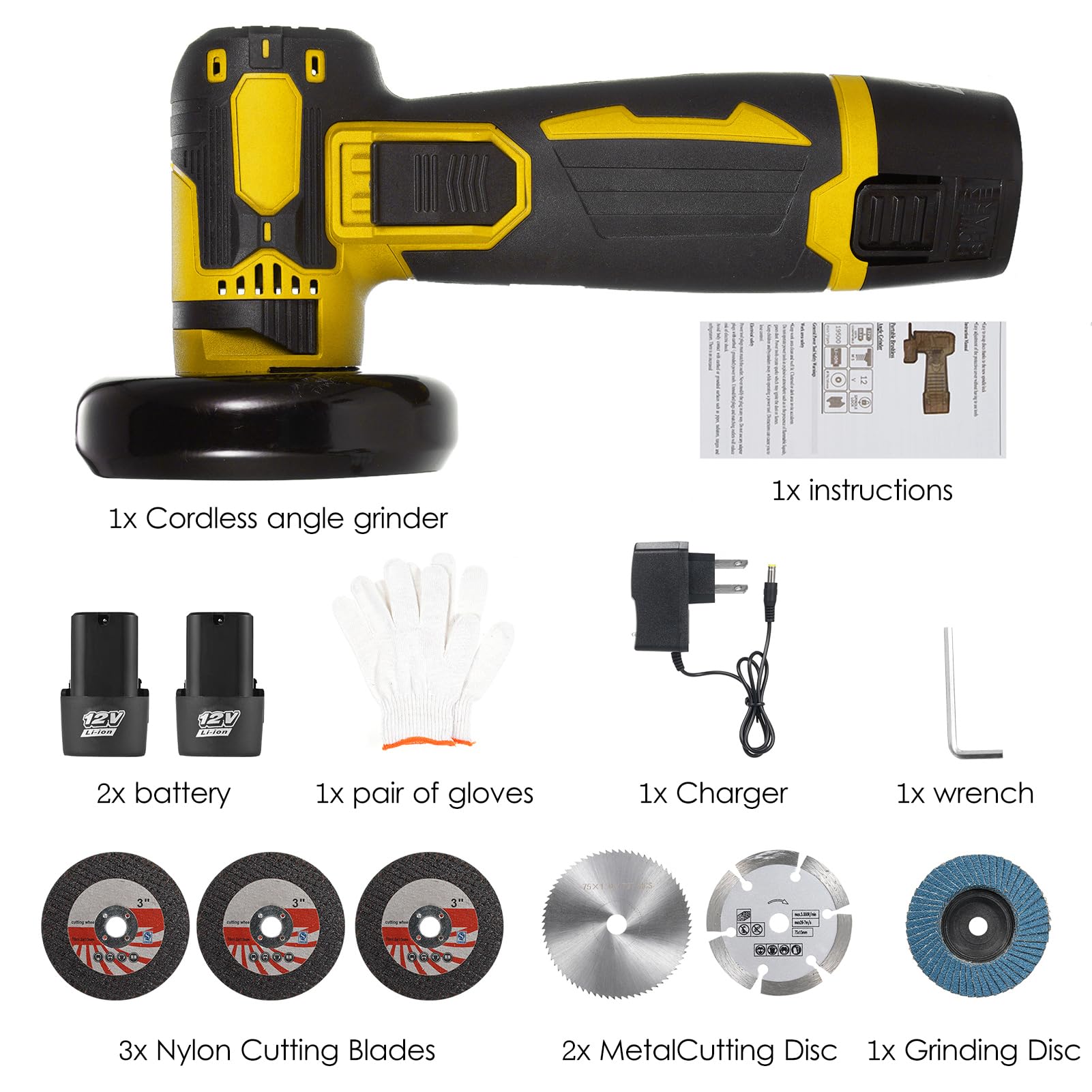Aumotop Cordless Brushless Angle Grinder Kit, Grinding Disc 3in/76mm, 19500rpm Mini Lightweight Electric Grinding Tool Handheld Cutter with 2 PCS 12V1500mAh Batteries & 6PCS Cutting Discs