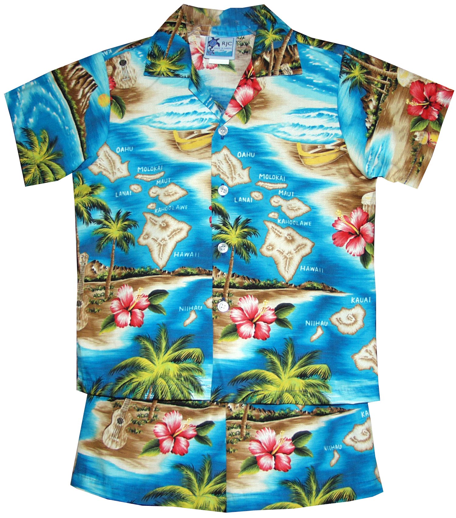 Cabana Set - Boy's Hibiscus Hawaiian Islands Aloha Infant Toddler Cotton Turquoise Shirt & Matching Shorts 2PC Set - 6 Months