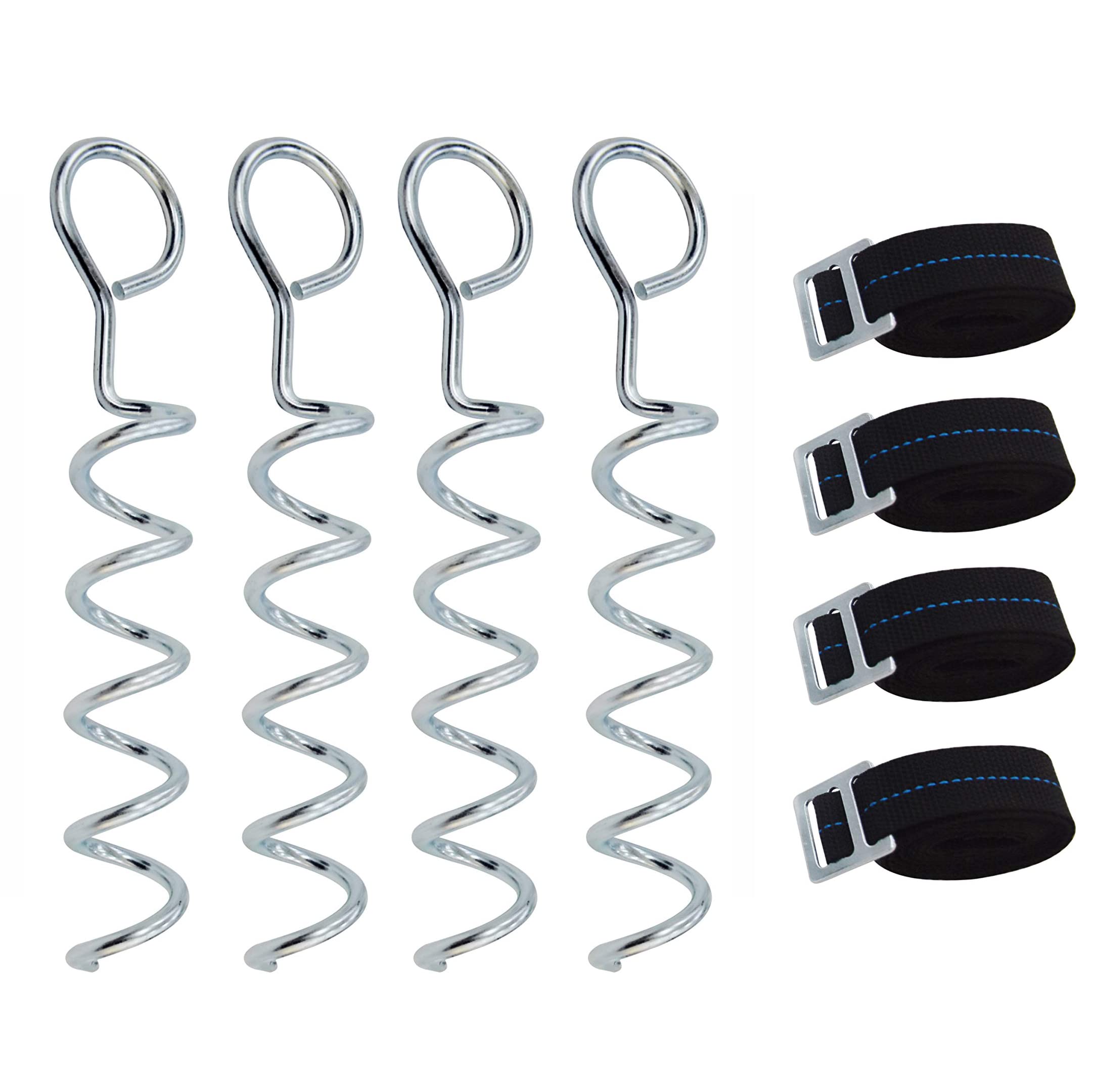 4-Pc Pack Spiral Stakes Heavy Duty Anchor Kit for Trampoline Steel Stakes Anchor Kit for Trampolines, Tents, tarps, Canopies,car Ports,Dog tie Out and etc Bonus Tie Down Straps 4-Pc Pack(Silver)