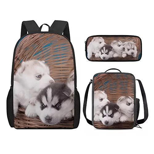 AmzPrint Siberian Husky Baby Print Backpack Lunch Bags For Girls For Elementary Middle School Kids 3 Piece Backpack Set