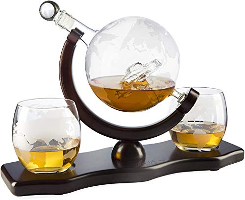 The Wine Savant Globe Car Whiskey Decanter - With 2 Globe Glasses, Includes Whiskey Stones For Whiskey, Scotch, Bourbon or Wine Matching Globe Glasses, HOME BAR DECOR