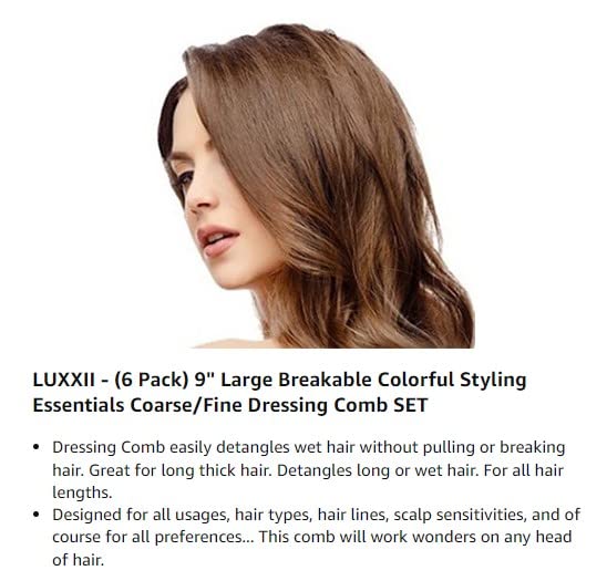 Luxxii 6 Pack - 9" Large Black Dressing Comb Barber Comb SET - Styling Essentials Coarse/Fine