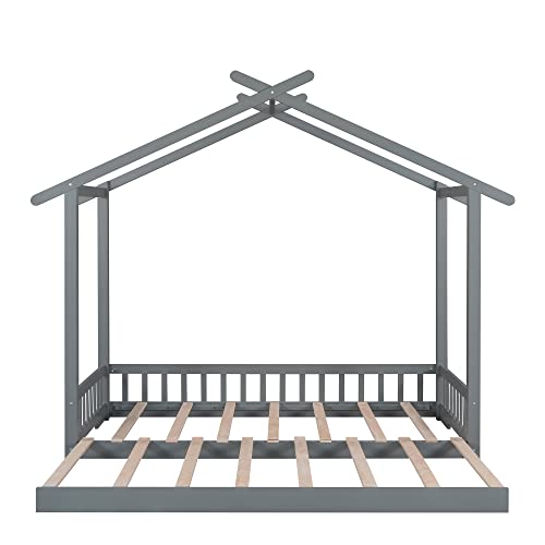 AOCOROE House Bed Frame Twin/King Bed Frame for Boys and Girls, Wood Extending Twin to King Extendable Playhouse-Design Montessori Floor Bed Platform Bed Frame with Trundle