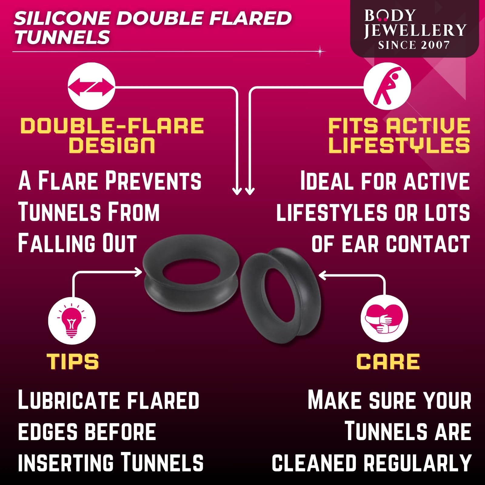 38mm Black Implant grade sili Double Flare Flesh Tunnels Large Gauge Plugs ABYR Ear Stretchers Piercing SI04 2Pcs