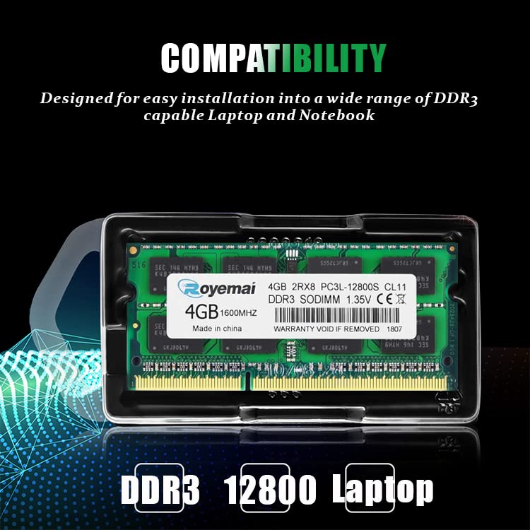 4GB DDR3 / DDR3L 1600MHz SODIMM RAM, Royemai PC3L-12800 2Rx8 1.35V 1.5V CL11 204-pin Notebook Laptop RAM Memory Module