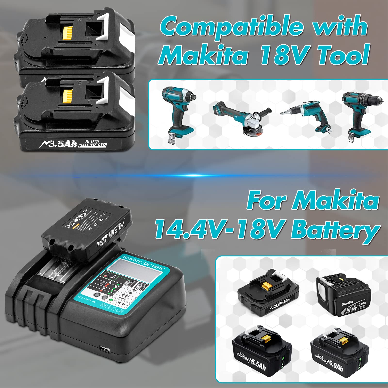 Bonadget 1Pack 3.5Ah 18V Replacement Battery for Makita and 14.4V-18V Battery Charger Combo for Makita LXT 18Volt Battery and Charger BL1860 BL1830 BL1850 BL1815N BL1840 BL1830B BL1860B Tools Battery