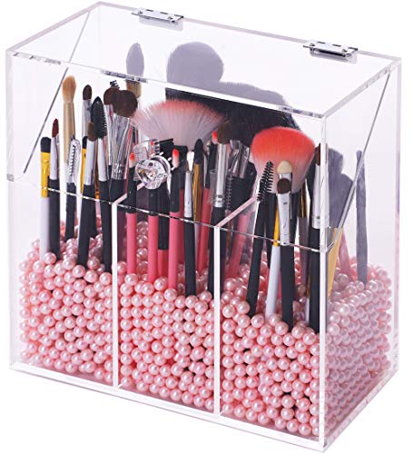 FOOCORDDY Covered Makeup Brush Holder with Dustproof Lid, Large Capacity Acrylic Clear Cosmetic Brush Storage Organizer for Vanity