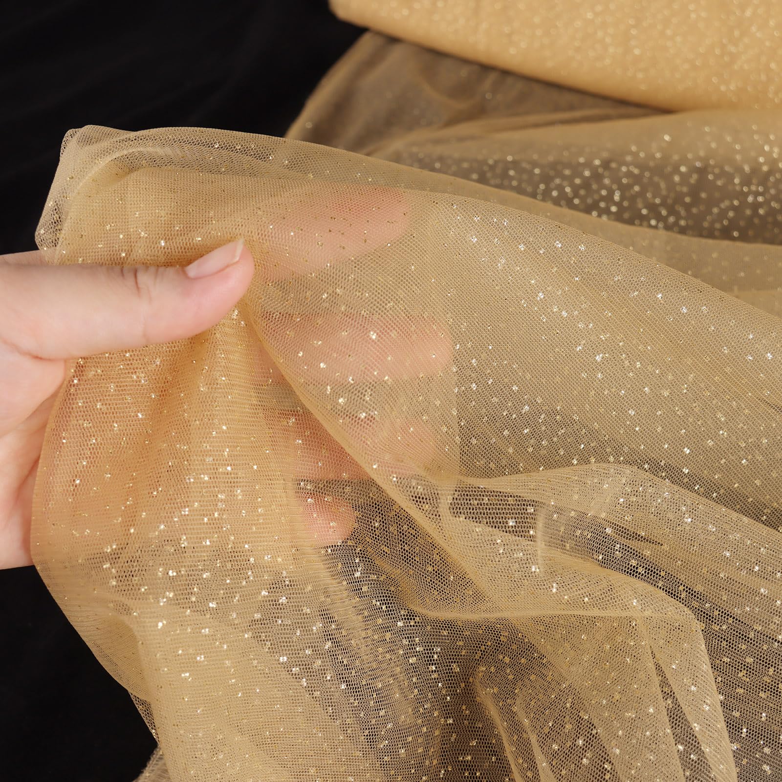 HAVII 60" x 8 Yards Golden Glitter Tulle Fabric Rolls Sequin Sheer Fabric for Bridal Veil Wedding Arch Backdrop Decor Tutu Skirts DIY Sewing Craft