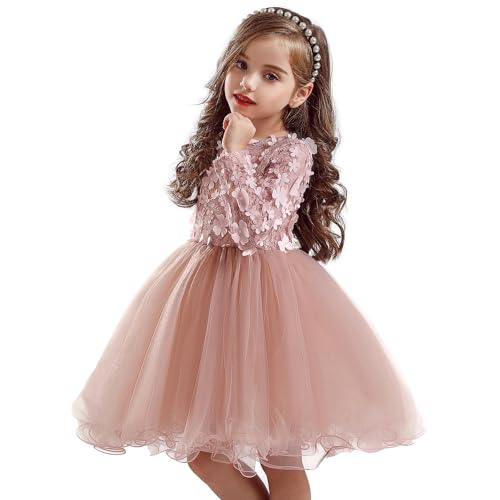 TTYAOVO Girls Longsleeve Lace 3D Flowers Tulle Layered Princess Party Dresses Size(140) 5-6 Years Dusty Pink