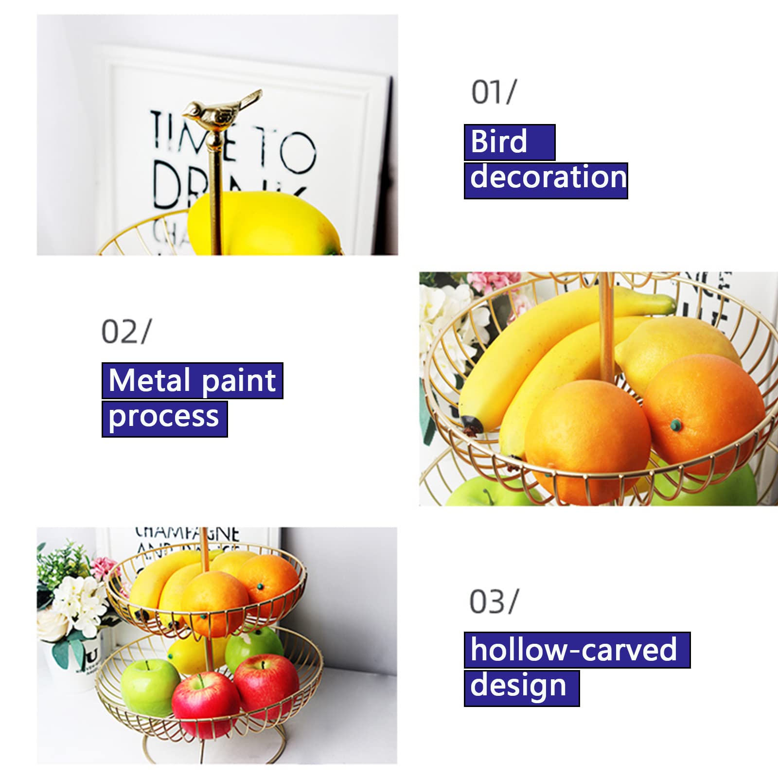 3 Tier Kitchen Countertop Fruit Basket Bowl for Bread Vegetables Snack Storage, Removable Organizer Shelf Storage Rack, Modern Design Tiered Fruit Holder Stand,for Gifts Home Party (bird head gold)