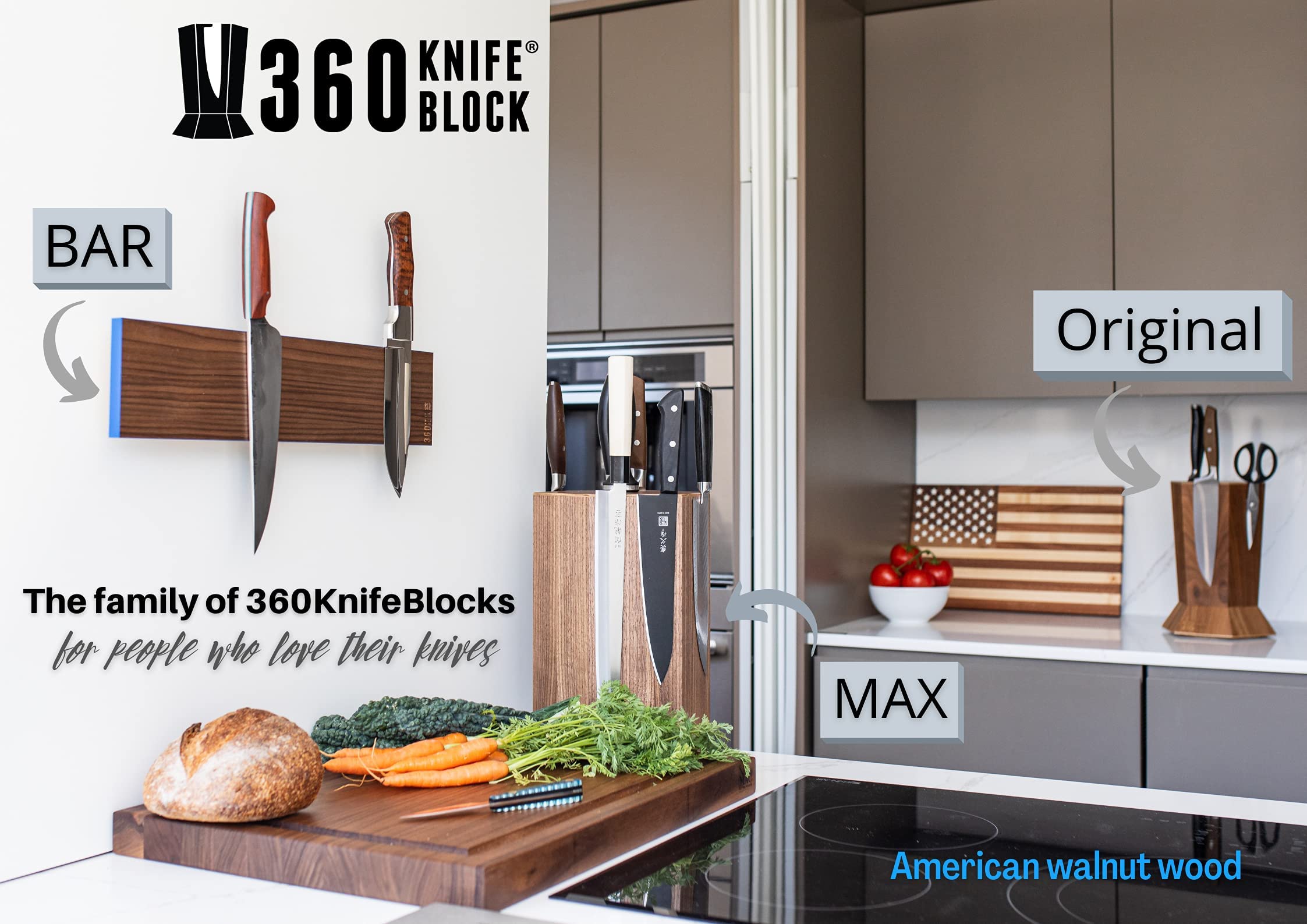 360KnifeBlock BAR - (walnut & blue) 4”x16” wall mount knife BAR - integrated level, steel clips, 2” screws
