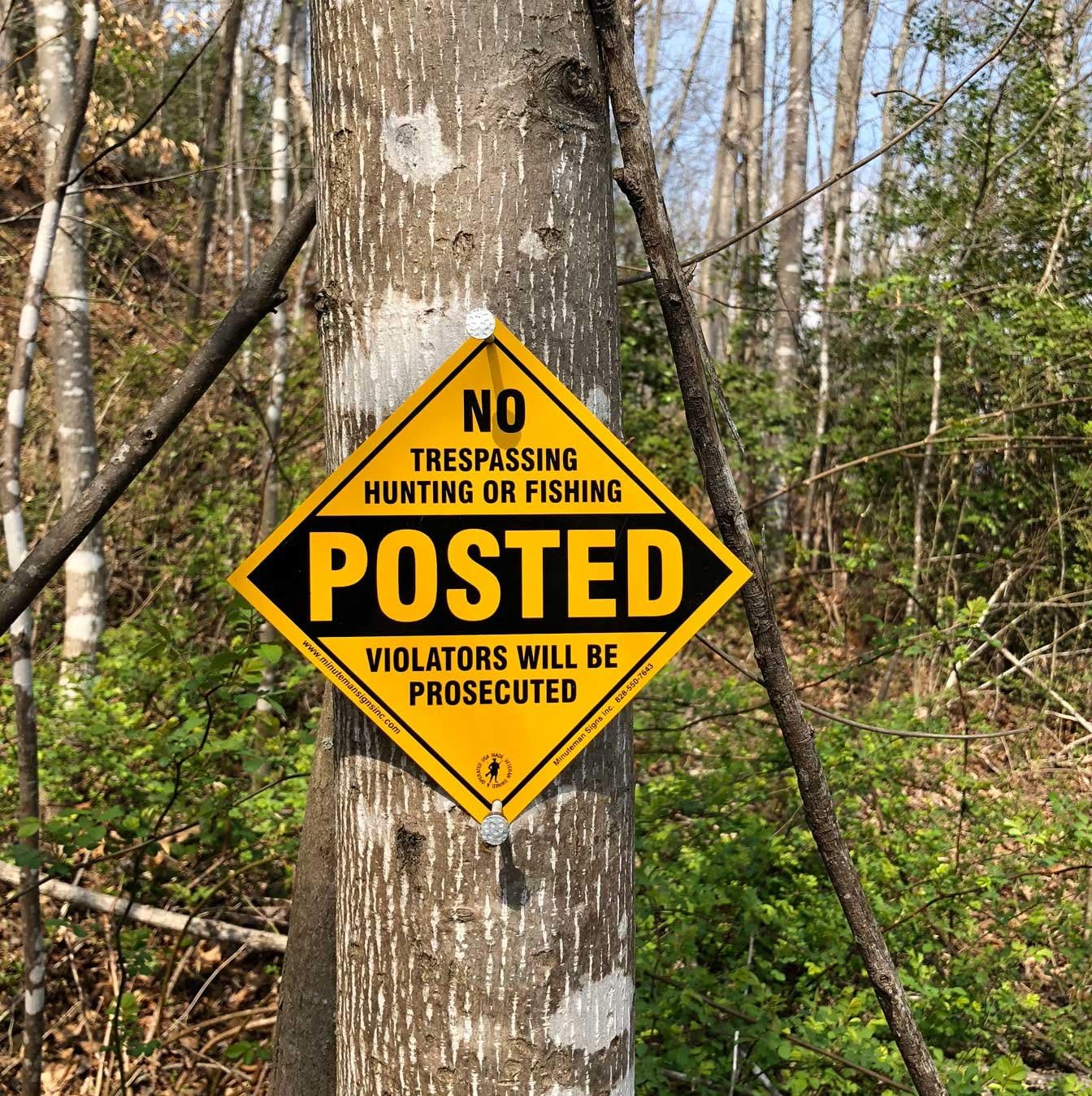 No Trespassing, No Hunting, No Fishing, Boundary Marker, Small, Diamond, Aluminum, Yellow, 10 Pack
