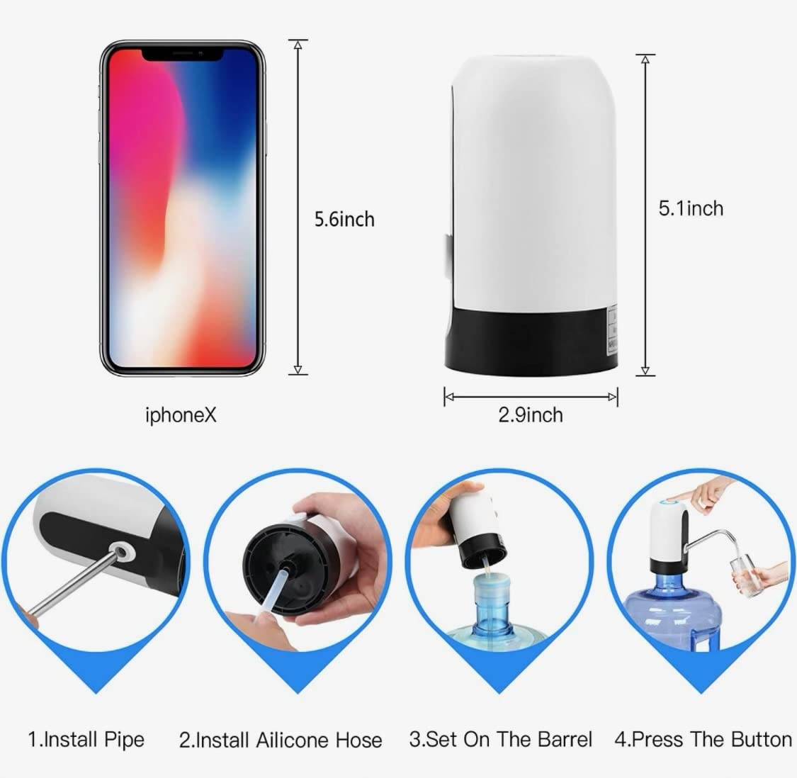 5 Gallon Water Dispenser Pump for Home Office Camping Travel and Emergency USB Charging Electric Automatic White/Black