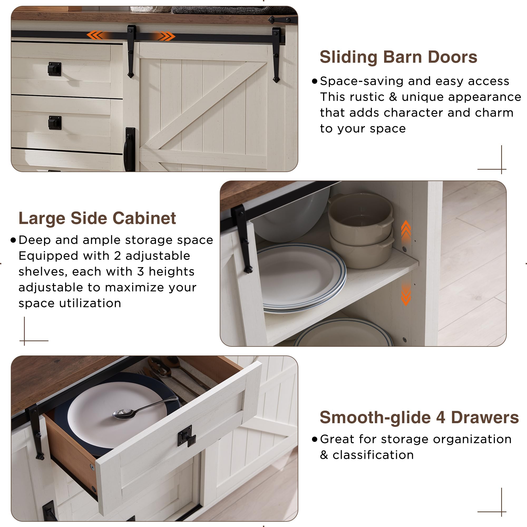 T4TREAM Farmhouse Sideboard Buffet Cabinet with Storage, 60" Large Kitchen Cabinet w/Sliding Barn Doors and 4 Drawers, 31.2'' Tall Wood Coffee Bar Table for Dining Room, Antique White