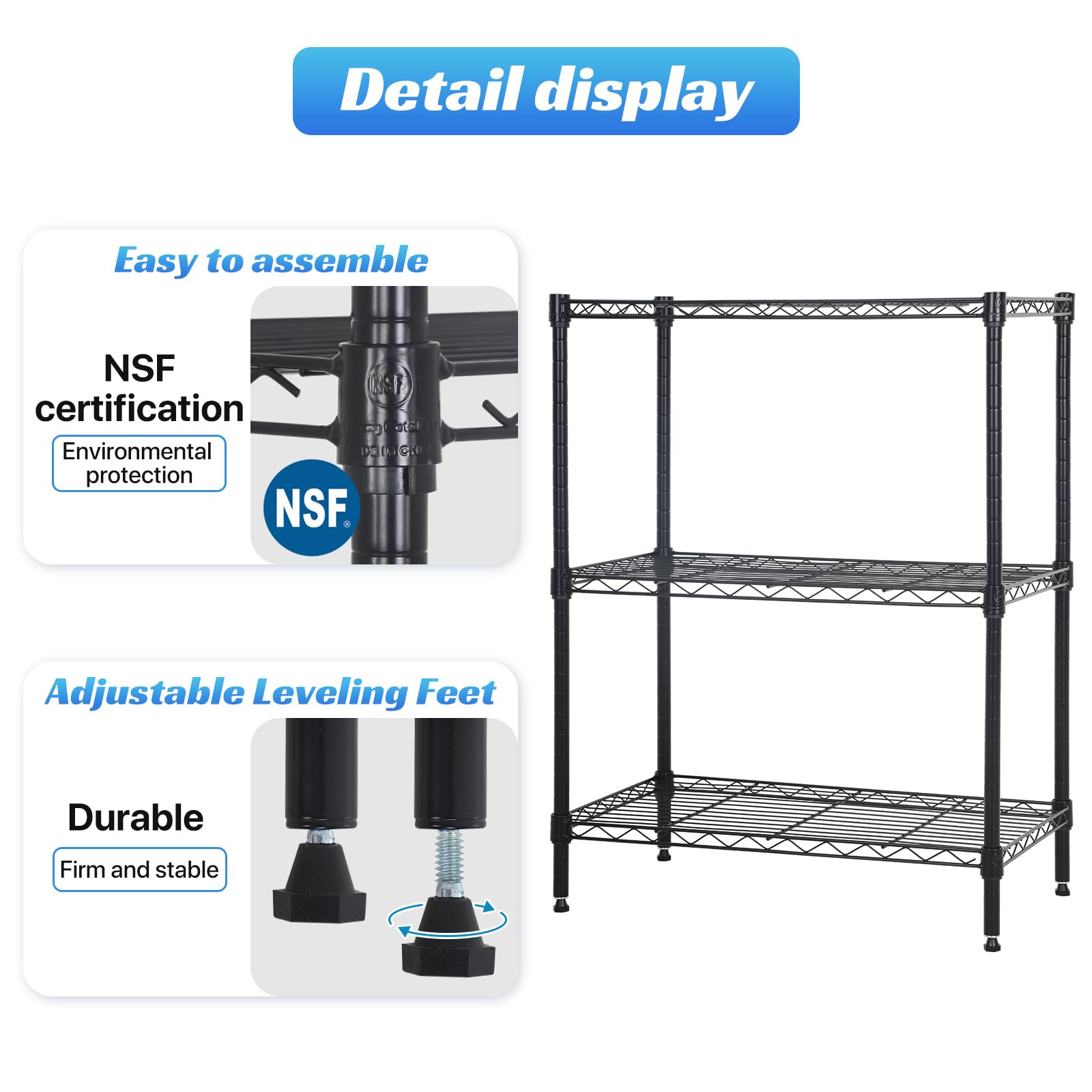3 Tier Steel Wire Shelving,Adjustable Utility Metal Shelves for Storage,Storage Shelves Heavy Duty with Leveling Feet for Kitchen,Garage,Pantry,Clothset,100ps Per Shelf,Black,(23 x 13.2 x 30.2 inches)