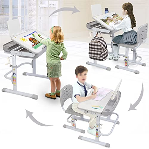 DCOT Desk and Chair Set Height Adjustable Student Study Table Books and Reading Shelves for School Boys and Girls (Color : E, Size : As Shown)