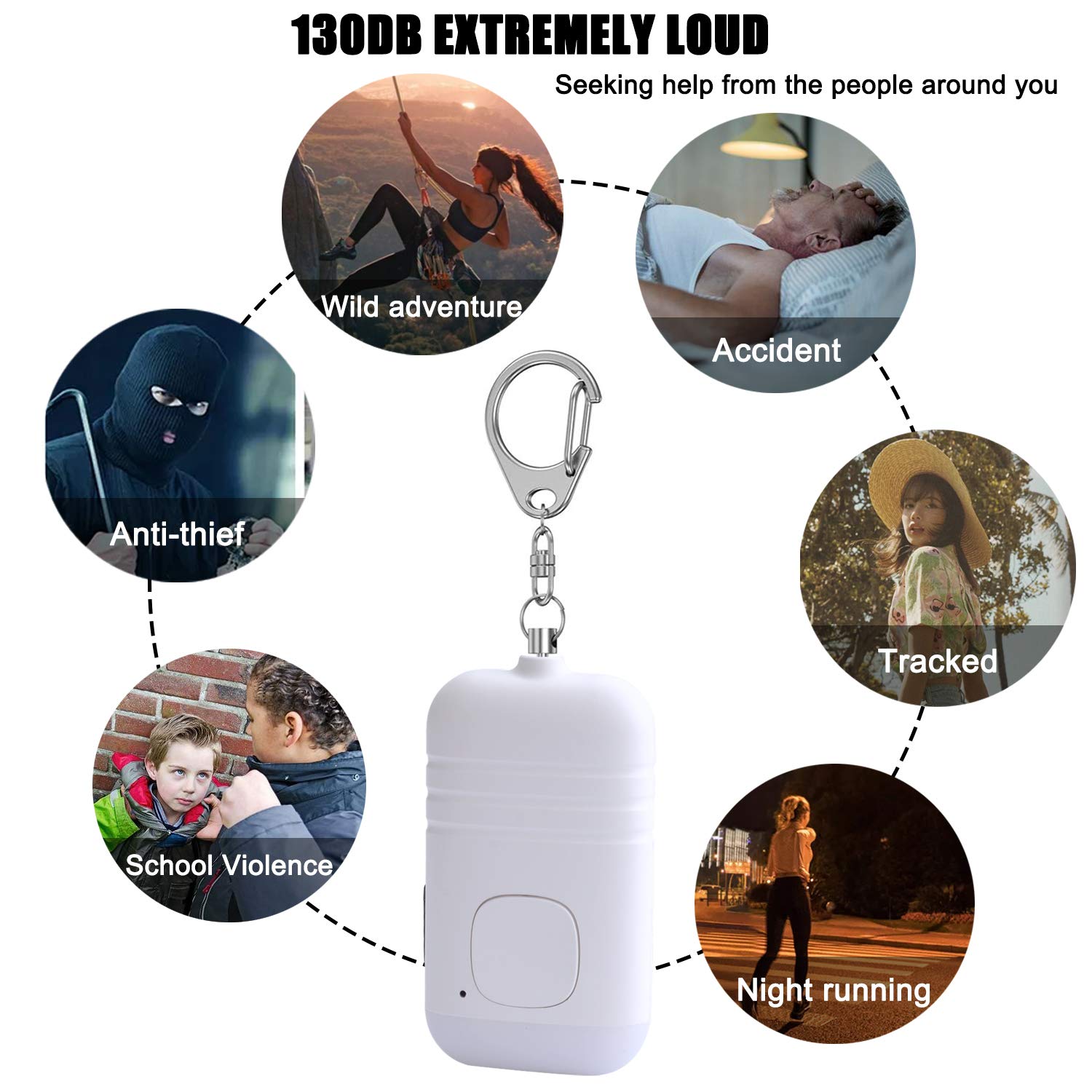 Safesound Personal Alarm - 130dB USB Rechargeable Self Defense Keychain Siren Security Personal Protection Devices with Emergency Mini LED Light for Women Girls Kids and Elderly (White)