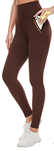 Aoliks Leggings with Pockets for Women - Yoga Pants with Pockets,Buttery Soft High Waist Tummy Control Non See Through Workout Pants (Brown, Large-X-Large)