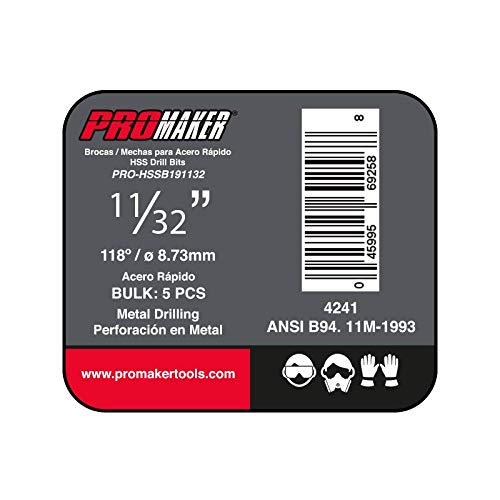 PROMAKER HSS Tip Metal Drill Bits 11/32 inch (5 PCs) for Metal, Steel, Cast Iron, Wood and Plastic 4241 PRO-HSSB191132
