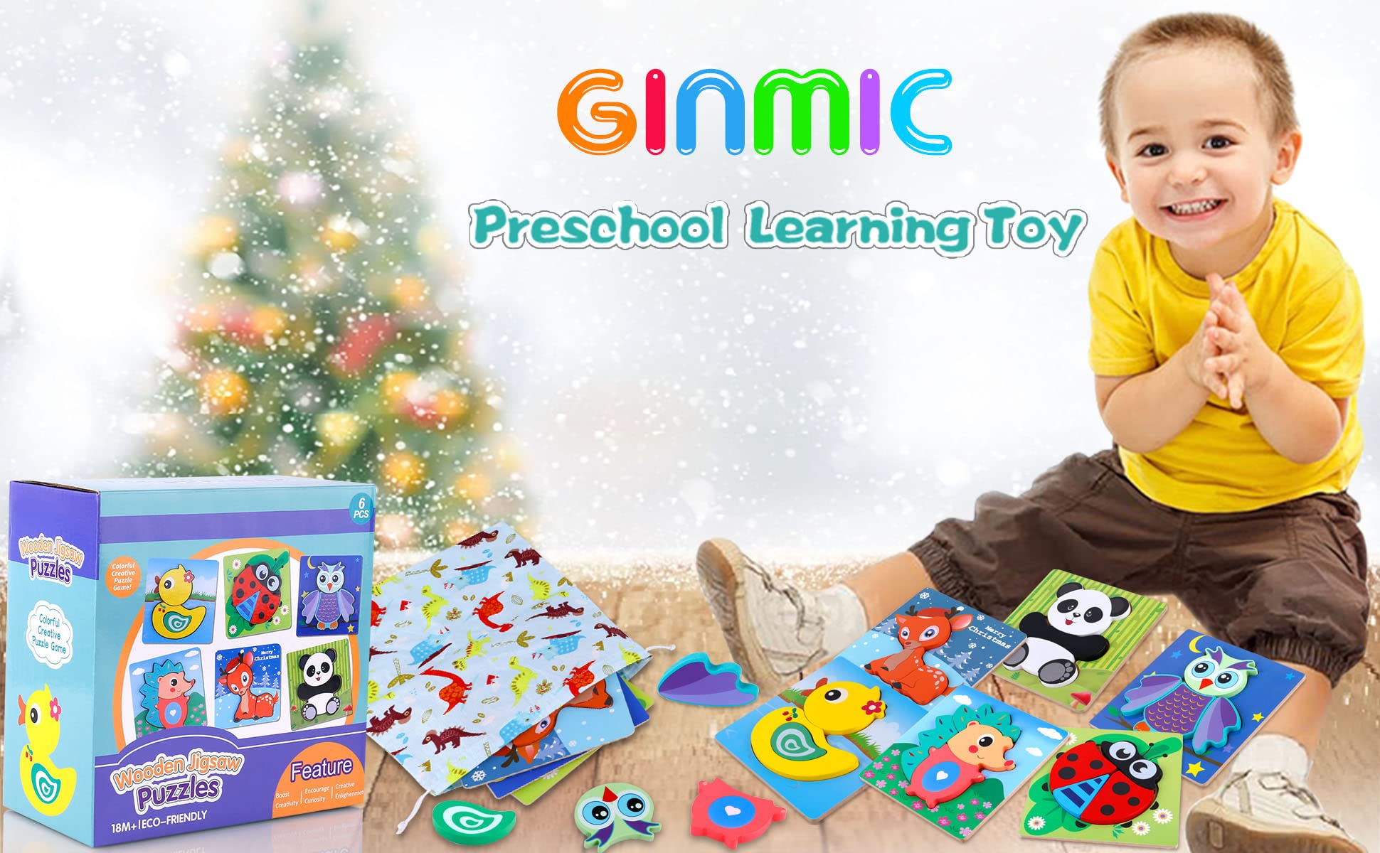 GINMIC Wooden Puzzles for Toddlers, Boys & Girls Educational Preschool Toys Gift with 6 Animals Patterns, Puzzles for 3 Year olds.