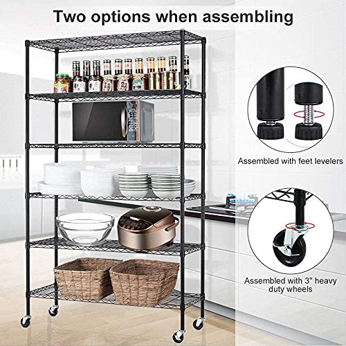 Payhere Metal Storage Shelves, Wire Shelving Unit w/Wheels, 6000 LBS Heavy Duty Industrial Utility Steel Storage Rack, 6 Tier NSF UltraDurable Shelf Organizer Racks for Garage Kitchen Storage (Black)