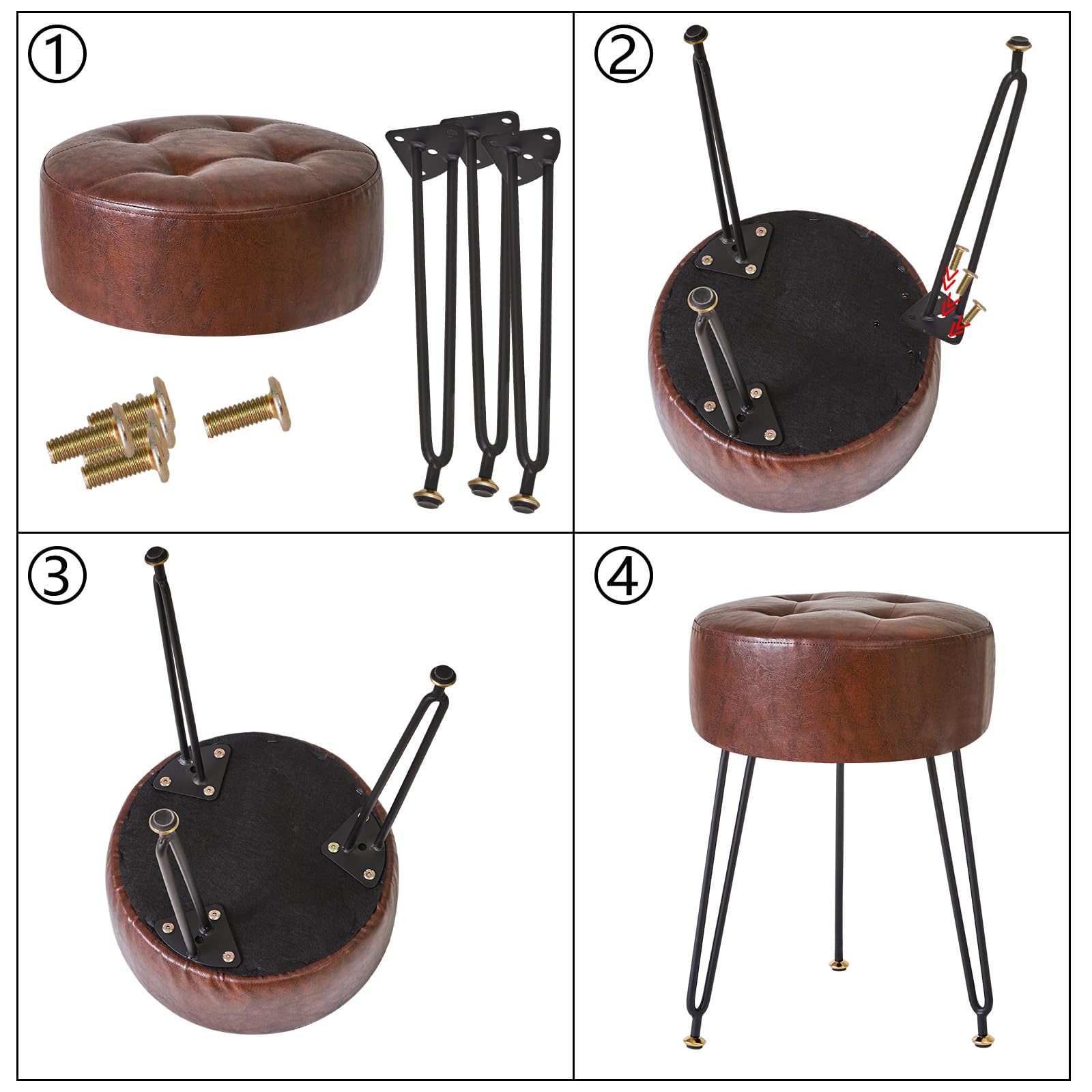 IBUYKE Faux Leather Round Footrest Stool, Makeup Vanity Stool Side Table, PU Dressing Table Seat, Pouf Couch Stool, Golden Steel Legs, Black LG-31B