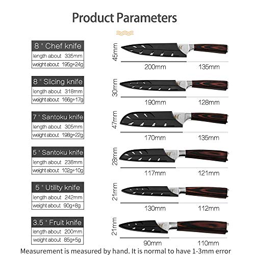 Japanese Kitchen Knife Set with Knife Covers Bread Eviscerate Sliced Fruit Utility Santoku Damascus Pattern Cooking Knife