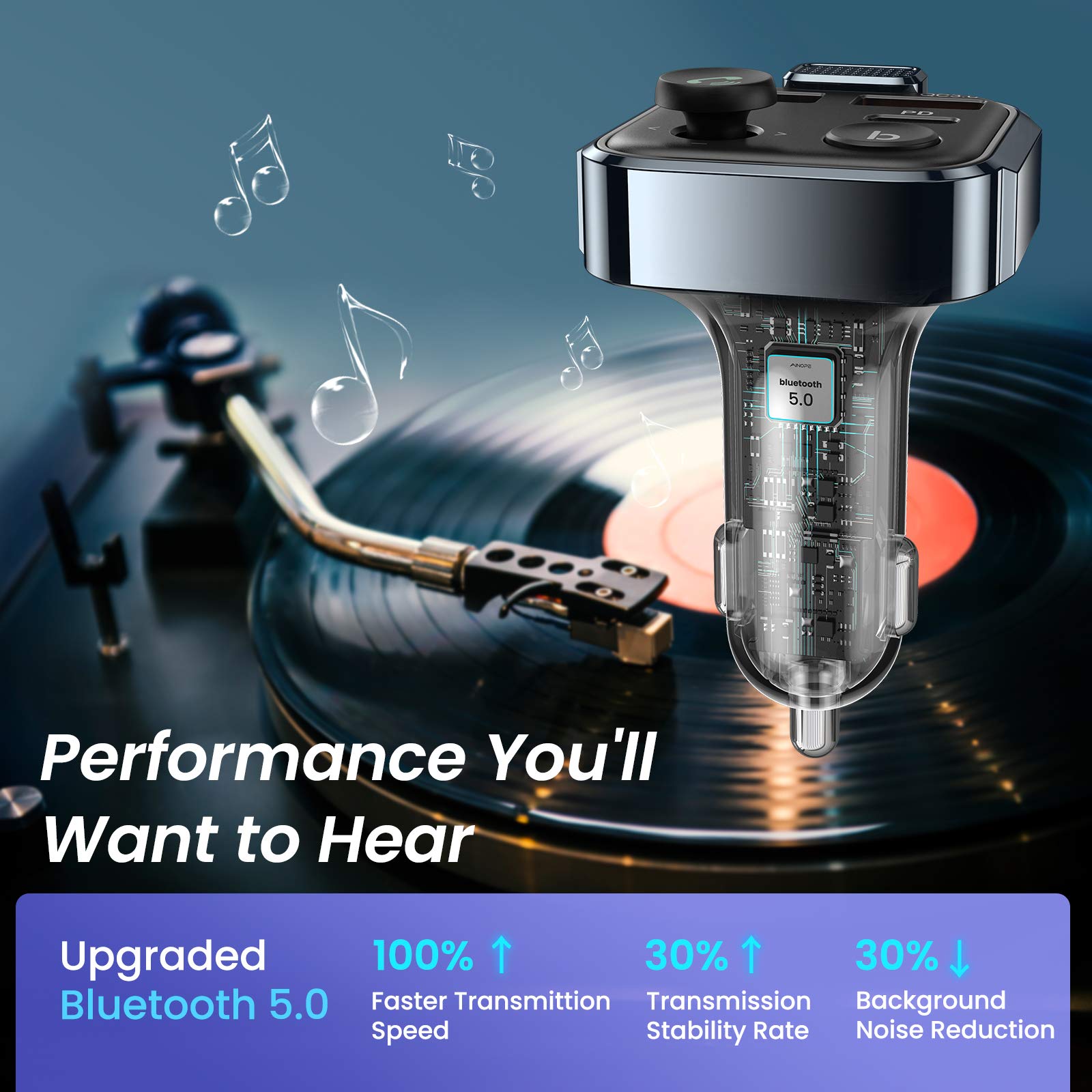 AINOPE 100W USB C to USB C Cable & Bluetooth FM Transmitter for Car Adapter