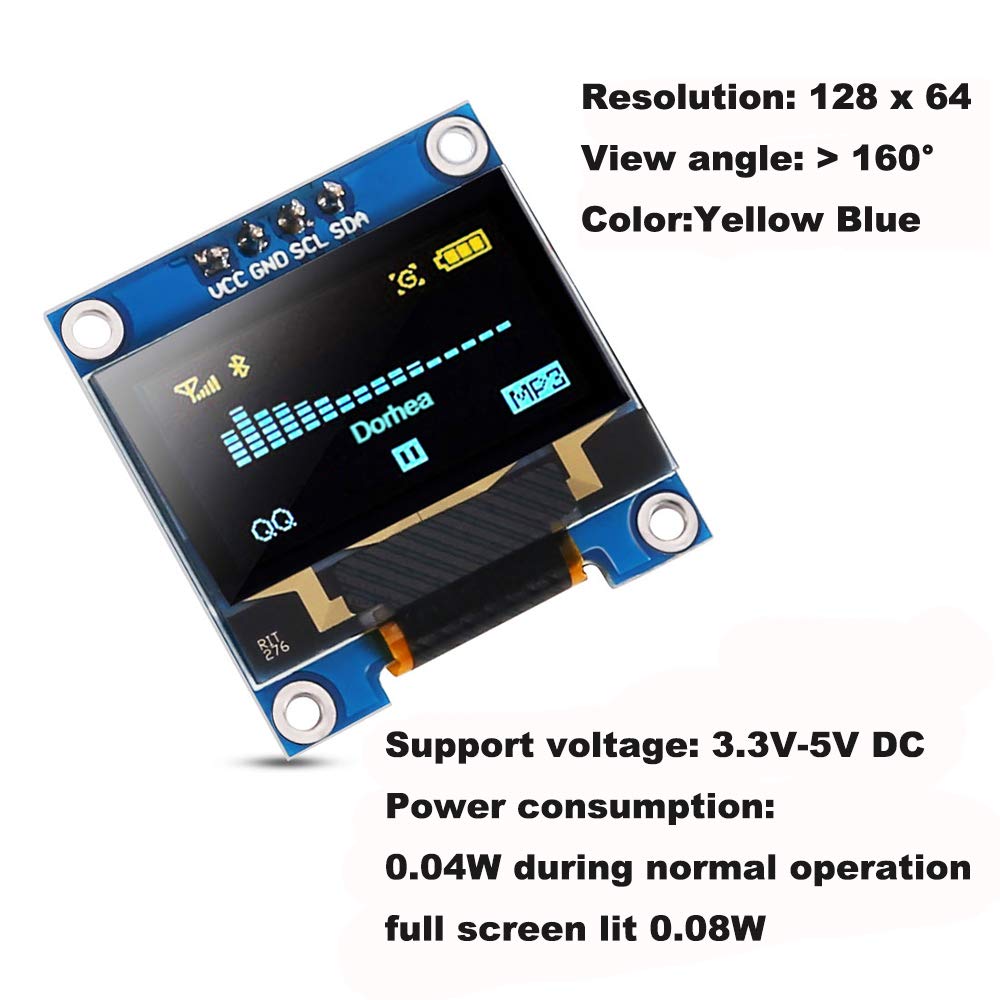 Dorhea 0.96 inch OLED i2c Display Module IIC Serial LCD Screen 0.96" LED Module Display Yellow Blue 12864 OLED /3.3V-5V 128 X 64 Compatible with Nano Display Raspberry Pi 51 Msp420 Stim32 SCR