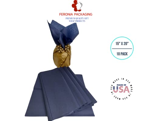Navy Blue Tissue Paper Squares, Bulk 10 Sheets, Premium Gift Wrap and Art Supplies for Birthdays, Holidays, or Presents by Feronia packaging, Large 15 Inch x 20 Inch Made in USA