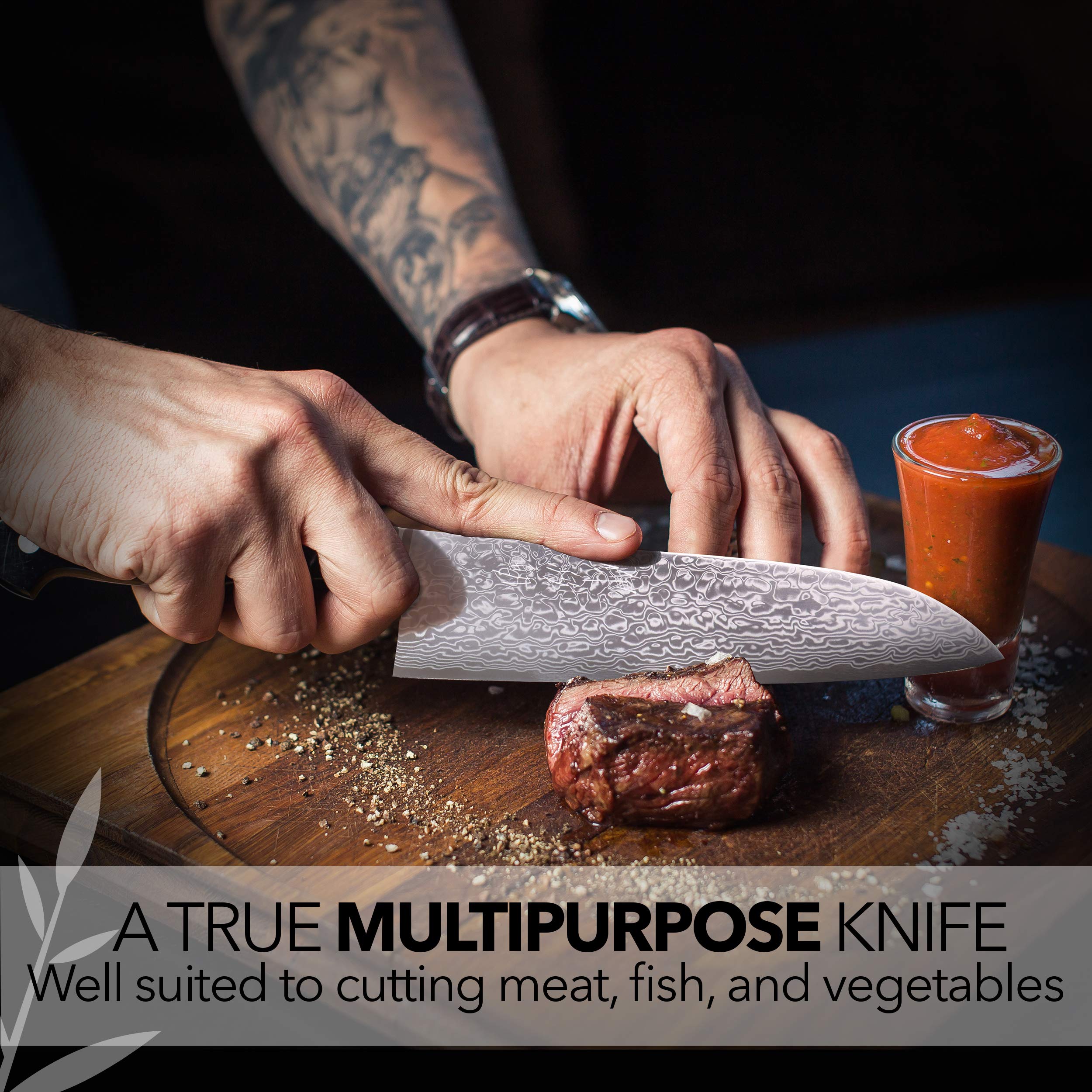 JCK ORIGINAL Kagayaki Japanese Chef’s Knife, KGRP-2 Professional Santoku Knife, Polished Patterned Damascus Stainless Steel with Ergonomic Black Pakka Wood Handle, 6.8 inch