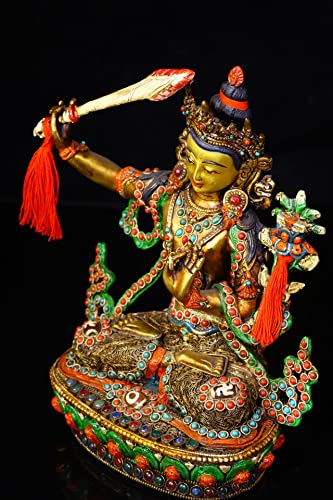 9" Tibetan Temple Collection Old Bronze Outline in Gold Painted Mosaic gem Dzi Beads Manjushri Worship Buddha Town House