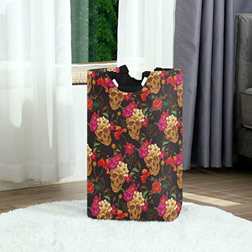 RunningBear Laundry Basket Washing Clothes Hamper - Sugar Skulls Roses Day Dead Collapsible Laundry Hamper Large Capacity Hampers for Bathroom, Bedroom