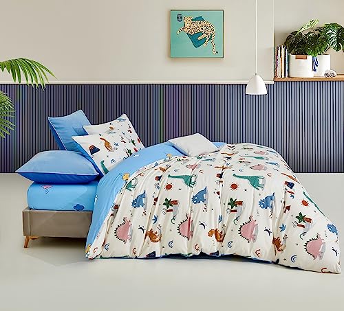 archers Kids Duvet Cover Set – Full, 4 pcs Include Reversible Duvet Cover, Fitted Sheet, 2 Pillowcases | 100% Cotton |Playful, Fun and Cozy Sheet Set | Dinosaur Print